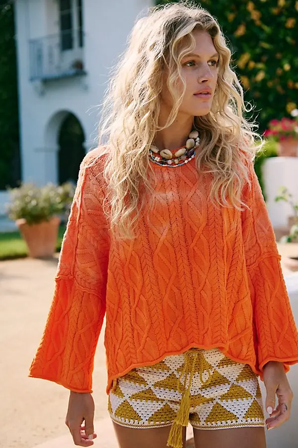 Free People Washed Ashore Sweater In Orange Coral Combo - 49% Off